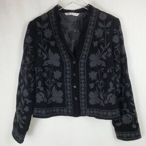 Zara | Jackets & Coats | Zara Velvet Jacket Black Floral Embroidered ...